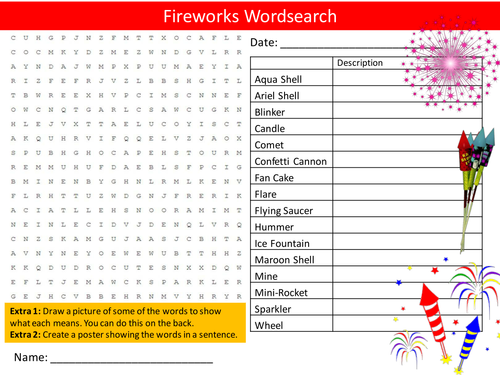 Fireworks Wordsearch Bonfire Night Guy Fawkes Starter Activity Homework ...