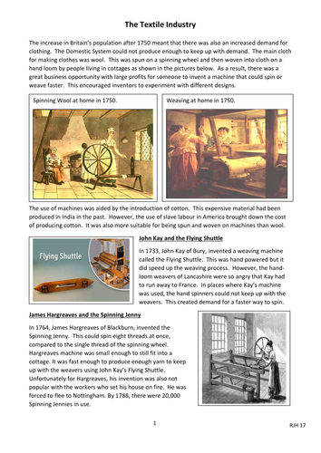 Worksheet: The Textile Industry 1750 - 1900 | Teaching Resources