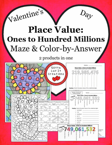 Valentine's Day Math Place Value Maze & Color by Number Activity Set ...