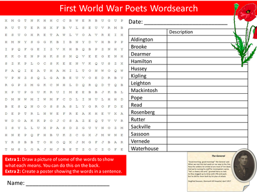 First World War Poets Wordsearch Literature Poetry Starter Activity ...