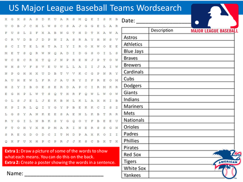 US Major League Baseball Teams Wordsearch Sports Starter Activity ...