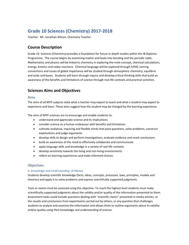 IB MYP Sciences (chemistry) Course Outline - Year Plan | Teaching Resources