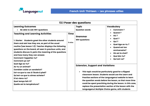 Languagenut Lesson Plans & Resources - French - Unit 13 - Useful ...