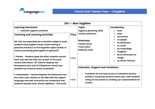 Languagenut Lesson Plans & Resources - French - Unit 24 - Hygiene and ...