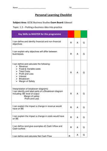 NEW GCSE Business Studies 9 - 1 (edexcel) Personal Learning Checklists ...