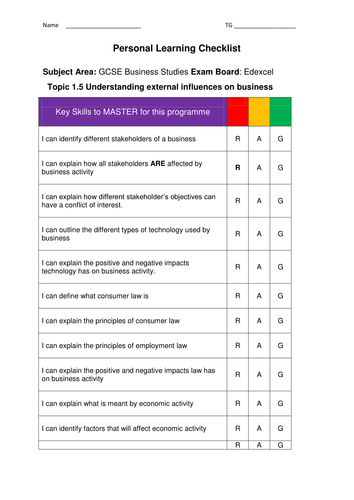 NEW GCSE Business Studies 9 - 1 (edexcel) Personal Learning Checklists ...