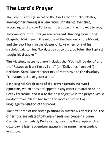 The Lords Prayer Handout | Teaching Resources