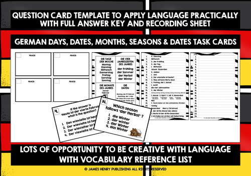 GERMAN DAYS MONTHS SEASONS DATES CHALLENGE CARDS | Teaching Resources