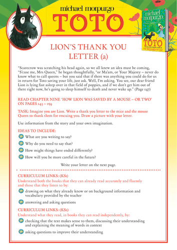 Michael Morpurgo's Toto - Lion's Thank You Letter | Teaching Resources