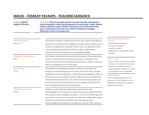 Holes - Stanley Yelnats! | Teaching Resources