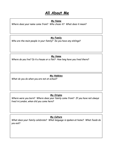 Beginning of term- 'All About Me' simple ice-breaker activity ...