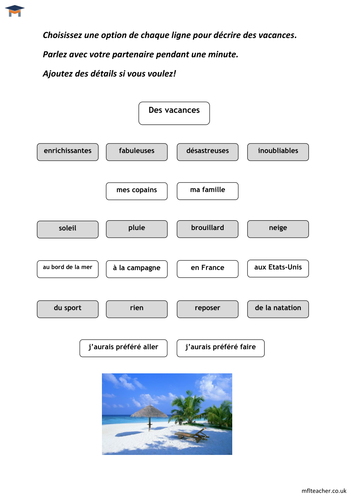 French - Holidays speaking pairwork | Teaching Resources