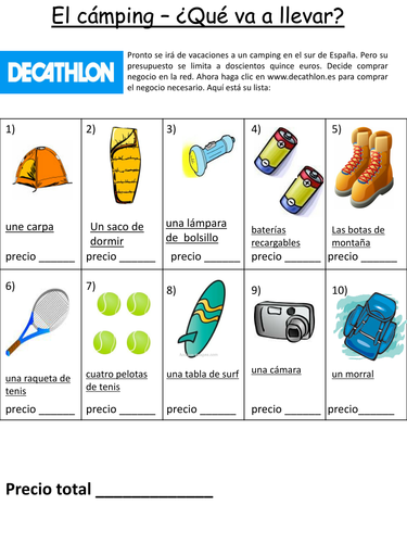 El cámping - ¿Qué va a llevar? - Spanish camping worksheet | Teaching ...
