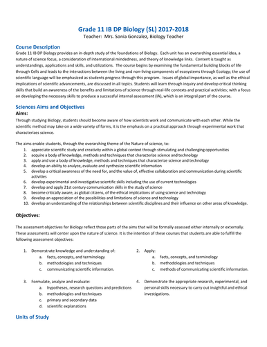 IB DP Biology Course Outline - Year Plans | Teaching Resources