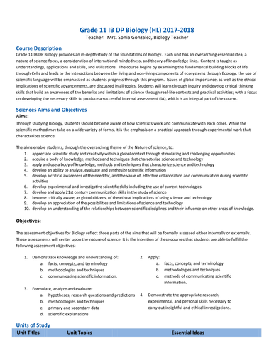 IB DP Biology Course Outline - Year Plans | Teaching Resources