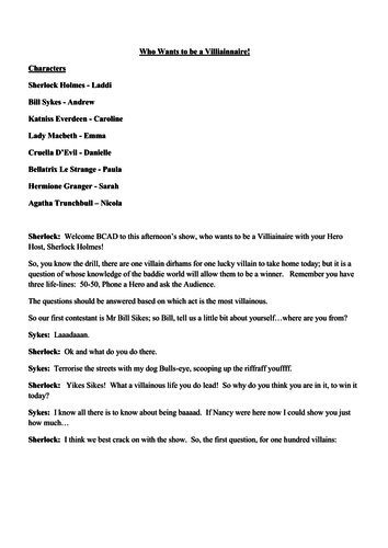 'Who Wants to be a Villianaire' script for Book Week assembly featuring ...