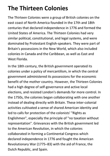 The Thirteen Colonies Handout | Teaching Resources