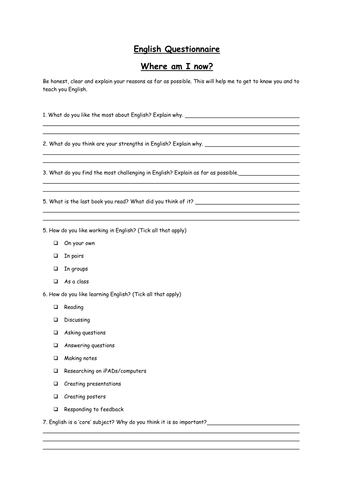 English Questionnaire: Where am I now? | Teaching Resources