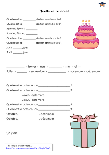 French - Quelle est la date de ton anniversaire? Gap-fill sheet ...