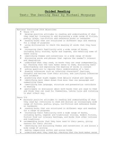 Guided Reading Planning for Dancing Bear By Michael Morpurgo x 3 ...