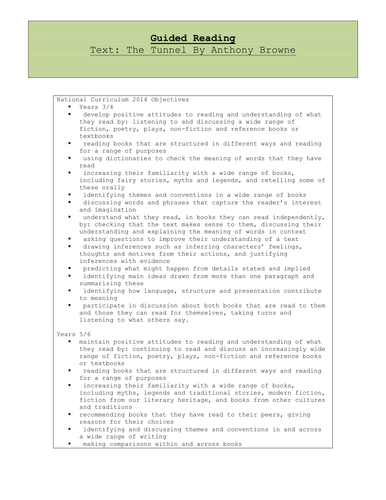 Guided Reading Planning for The Tunnel by Anthony Browne x 3 sessions ...