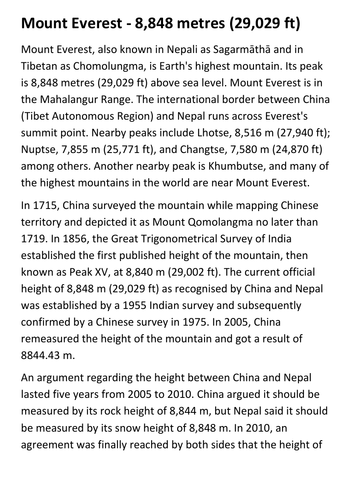 Mount Everest Handout | Teaching Resources