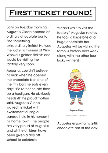 Newspaper example - Charlie and the Chocolate Factory | Teaching Resources