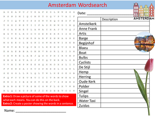 Amsterdam Wordsearch European City Settler Starter Activity Homework ...