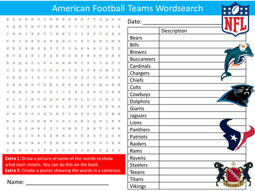 American Football Teams Wordsearch PE Sports Starter Settler Activity ...