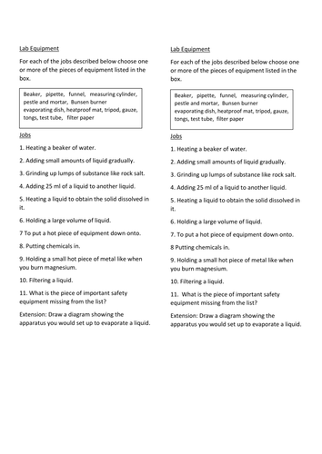 Differentiated homework for KS3. Microscopes and cells, Lab equipment ...