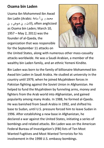 Osama bin Laden and September 11th Handout | Teaching Resources