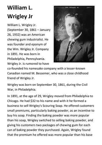 William L. Wrigley Jr Handout | Teaching Resources