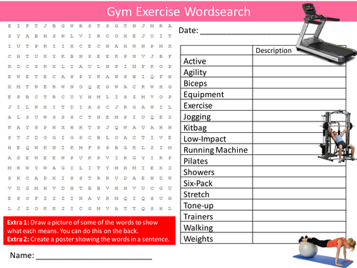 Gym Exercise Wordsearch PE Sports Starter Settler Activity Homework ...