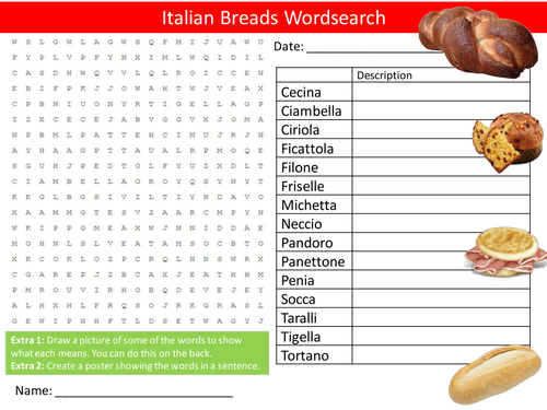 Italian Breads Wordsearch Food Technology Starter Settler Activity ...