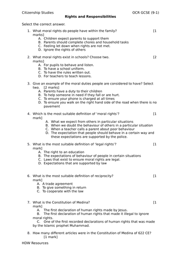 Citizenship (9-1) Rights & Responsibilities Multiple Choice Revision ...