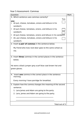 Year 5 Commas: PPT Lesson and Assessment | Teaching Resources