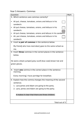 Year 5 Commas: PPT Lesson and Assessment | Teaching Resources