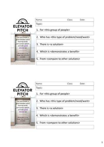History Elevator Pitch Exercise and Worksheets | Teaching Resources