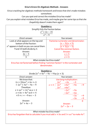 Erica's Errors On Algebraic Methods | Teaching Resources