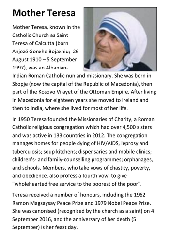 Mother Teresa Activity Pack | Teaching Resources