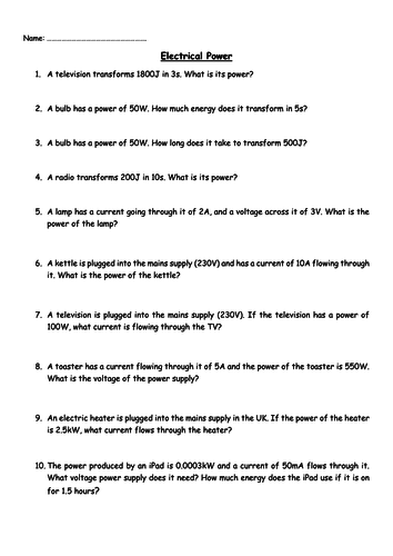 Power and Resistance Questions | Teaching Resources