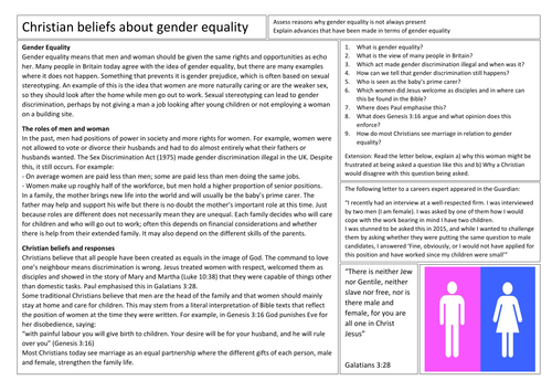 AQA GCSE Religious Studies Gender Equality in Christianty | Teaching ...