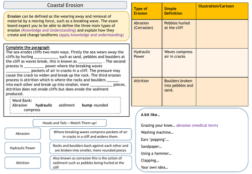AQA 9-1 GCSE Coastal Erosion Worksheet | Teaching Resources