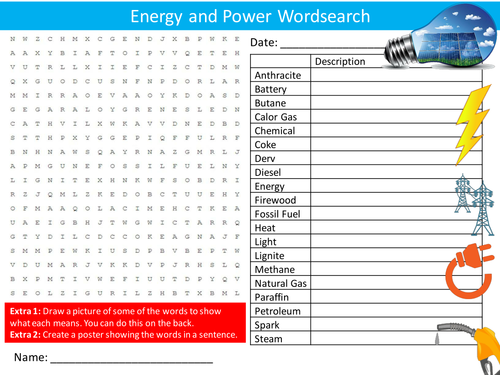 Energy and Power Wordsearch Science Physics Starter Settler Activity ...