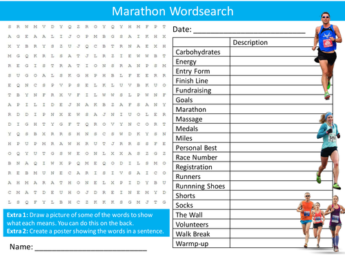 Marathon Wordsearch PE Sports Starter Settler Activity Homework Cover ...