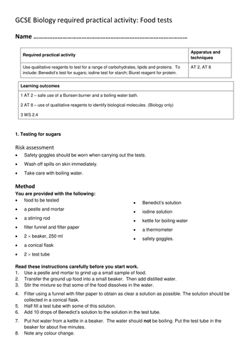 New 9-1 GCSE AQA Biology B3 Chemistry of Food and Required Practical ...