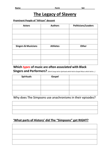 The Simpsons and Slavery - Escape to Freedom Worksheets | Teaching ...
