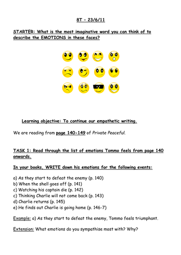 Empathy in 'Private Peaceful': worksheet covering full lesson - reading ...