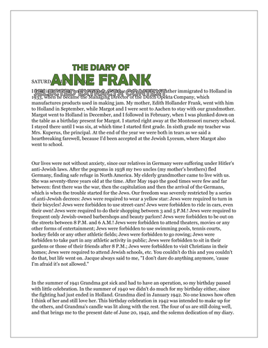 The Diary of Anne Frank - The Context of the Holocaust | Teaching Resources