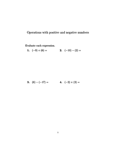Operations with positive and negative numbers worksheet (with answers ...